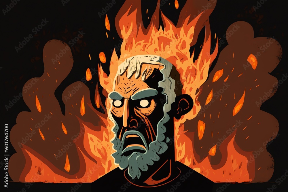 Sad man with burning head. Head fire due to stress. Head in flames of ...