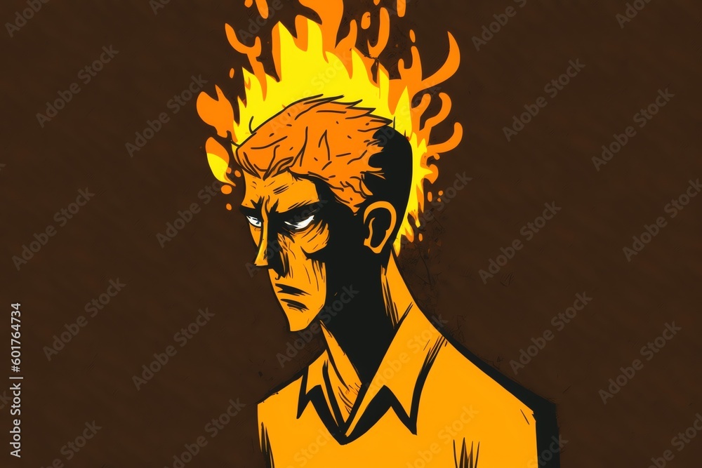 Sad man with burning head. Head fire due to stress. Head in flames of ...