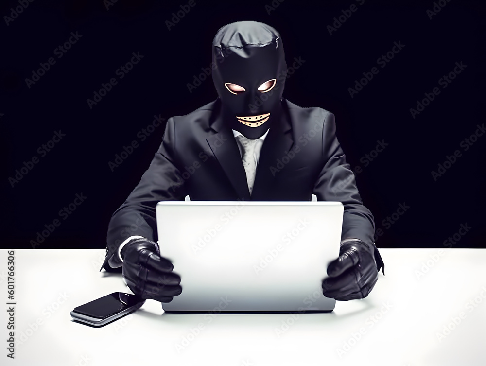 Modernized hacker with laptop. Concept of cybercrime, cyberattack. AI ...