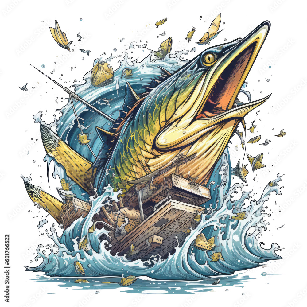 Stockillustratie An enraged mutant Mahi-Mahi fish with razor-sharp ...