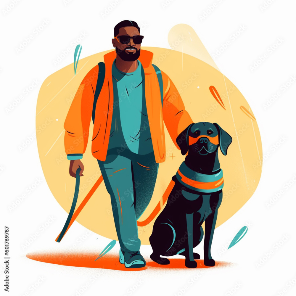 A cheerful blind man with his service dog. The dog is trained to help ...