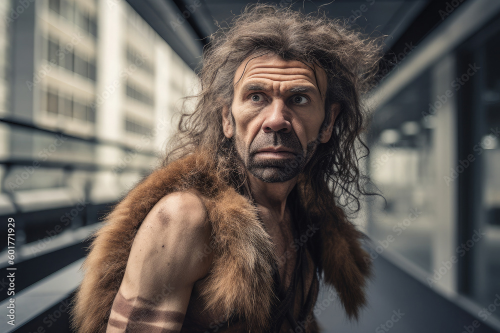 Portrait of prehistoric neanderthal man at city street in present time ...