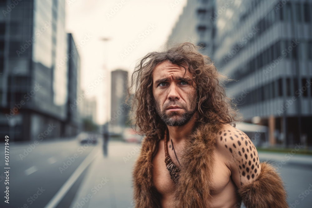 Portrait of prehistoric neanderthal man at city street in present time ...