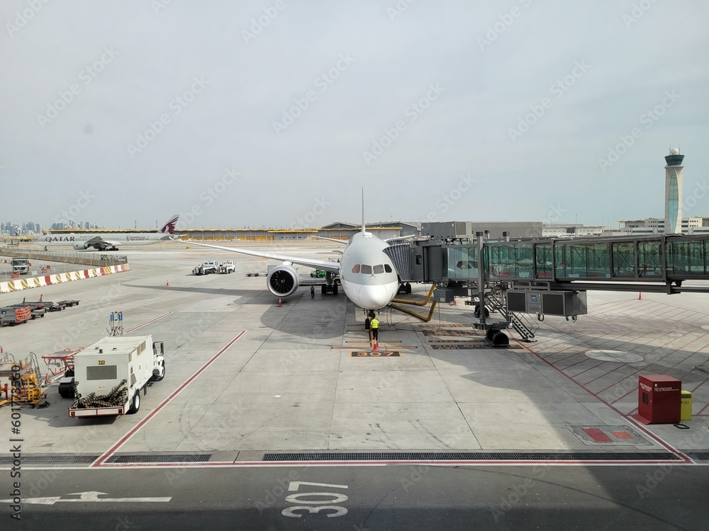 Qatar Airways 787-9 parked at gate at Hamad International Airport ...
