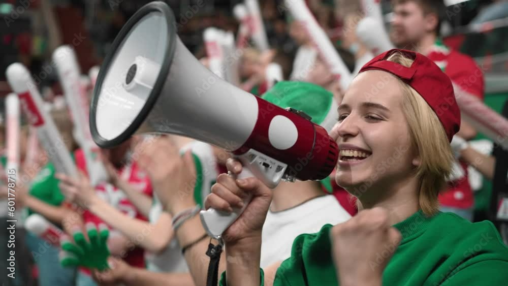 Loud woman scream megaphone sport stadium. Crazy mad fan shout bullhorn ...