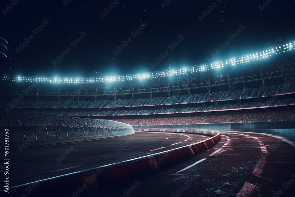Nighttime race track with metal gate and illuminated stadium. 3D ...