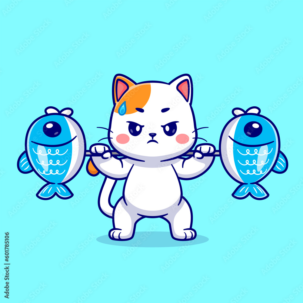 Cute Cat Lifting Fish Barbell Cartoon Vector Icon Illustration. Animal ...