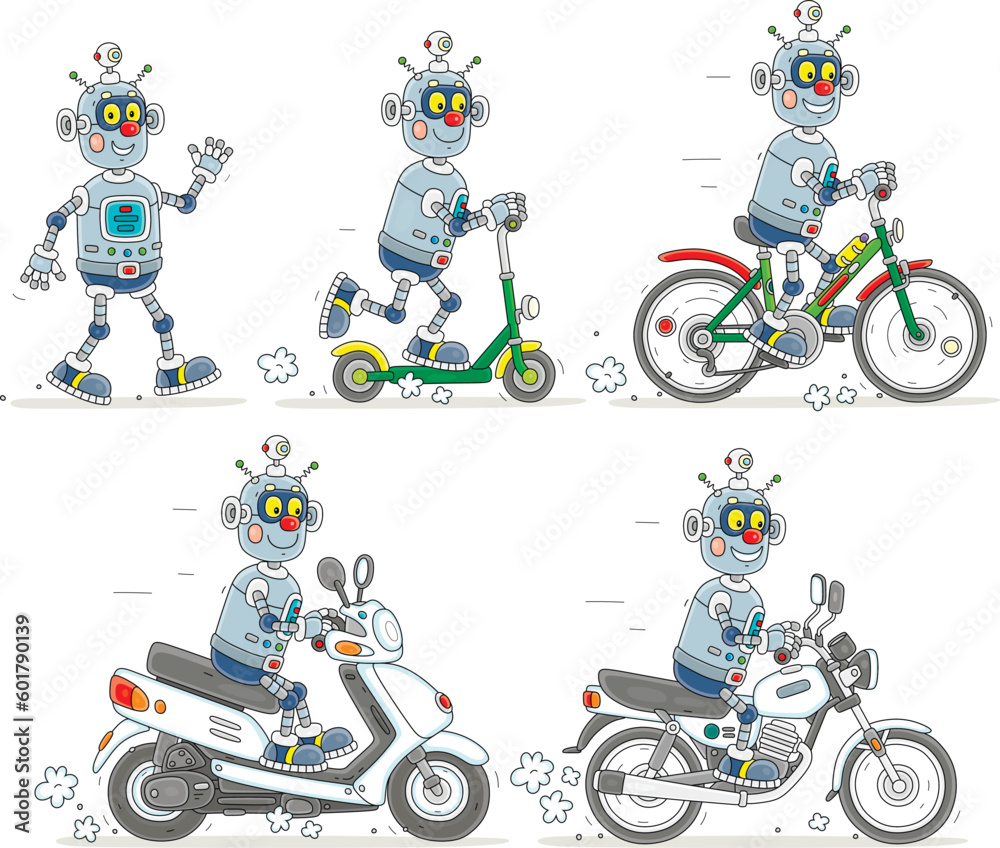 Cartoon set of a funny robot riding a bike, rushing on a scooter ...