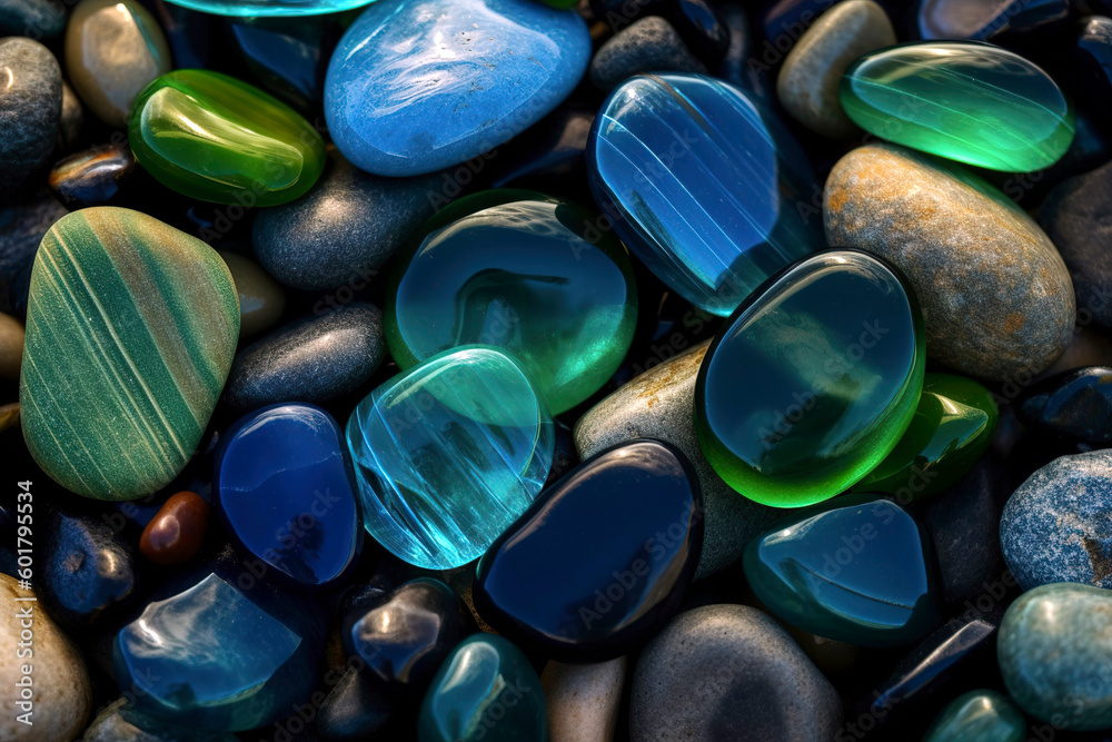 Blue ocean glass pebbles, radiating hues of light emerald and dark ...
