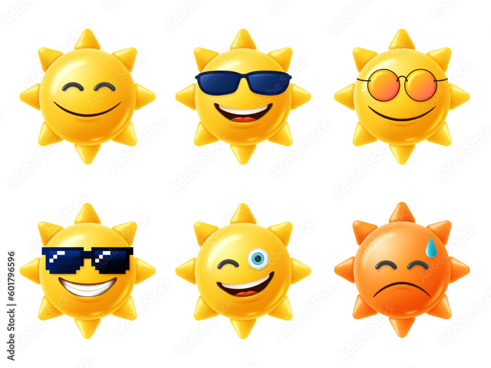 Sun 3D character. Happy yellow sun emoji with smiled face and ...
