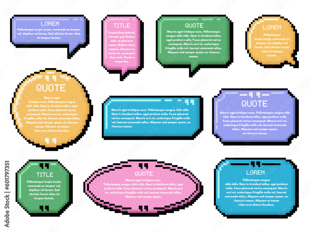 Pixel art speech bubble. Dialogue boxes, retro 8 bit arcade game style ...