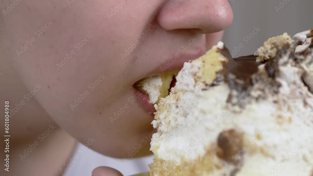 Close up, Face Child Eating a Large Piece of Cake with Cream or a ...