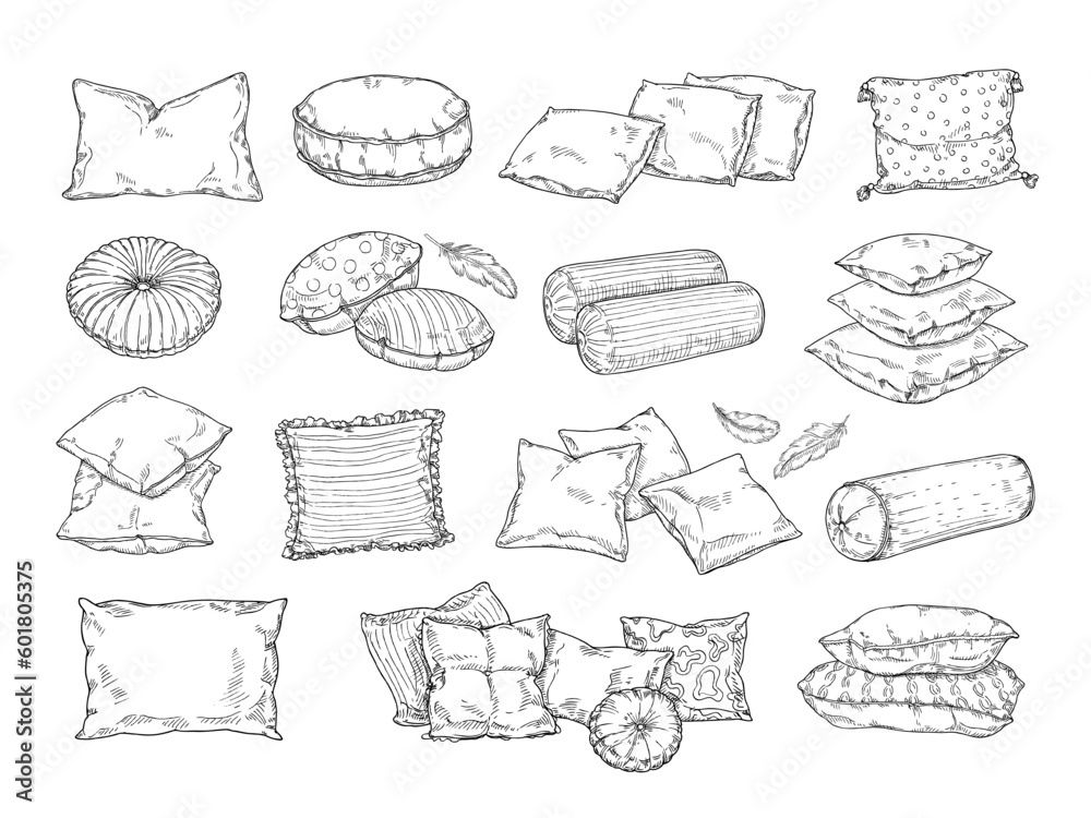 Cushion sketch drawing. Hand drawn bedroom pillows, doodle cozy home ...