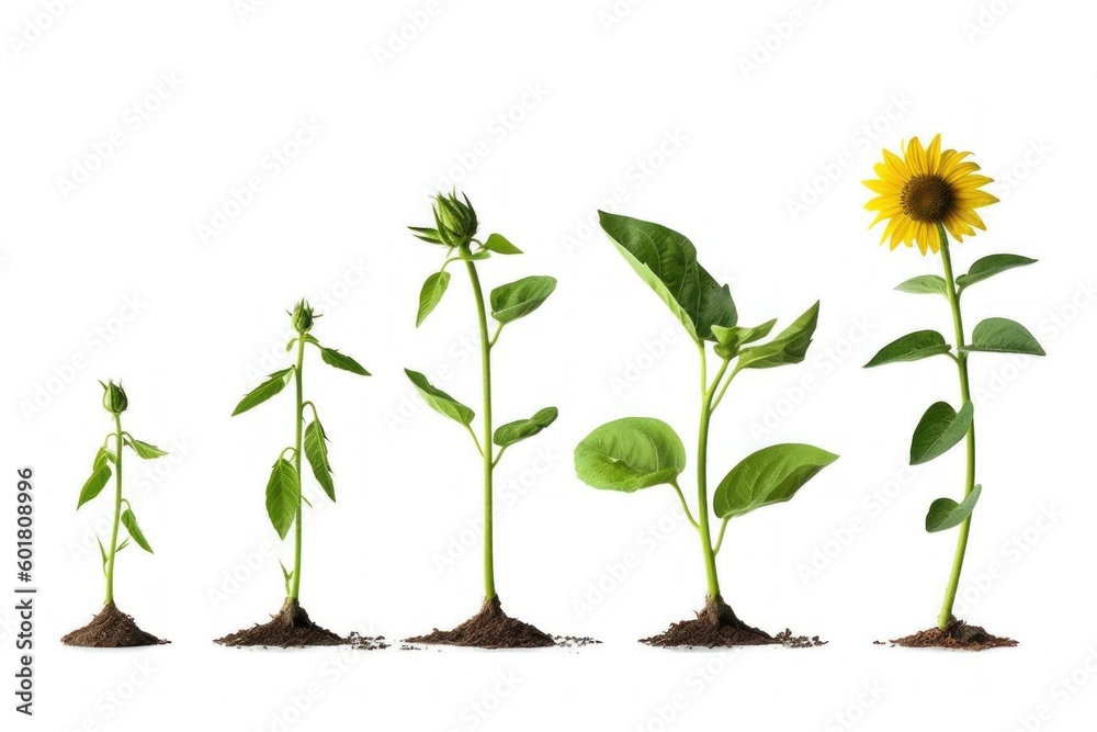 Sunflower plant depicted in various stages of growth, showcasing its ...