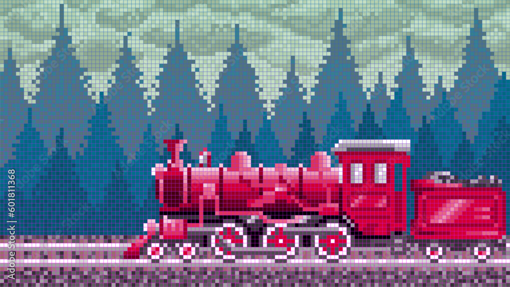 Train, vintage steam locomotive illustration in pixel art style. Forest ...