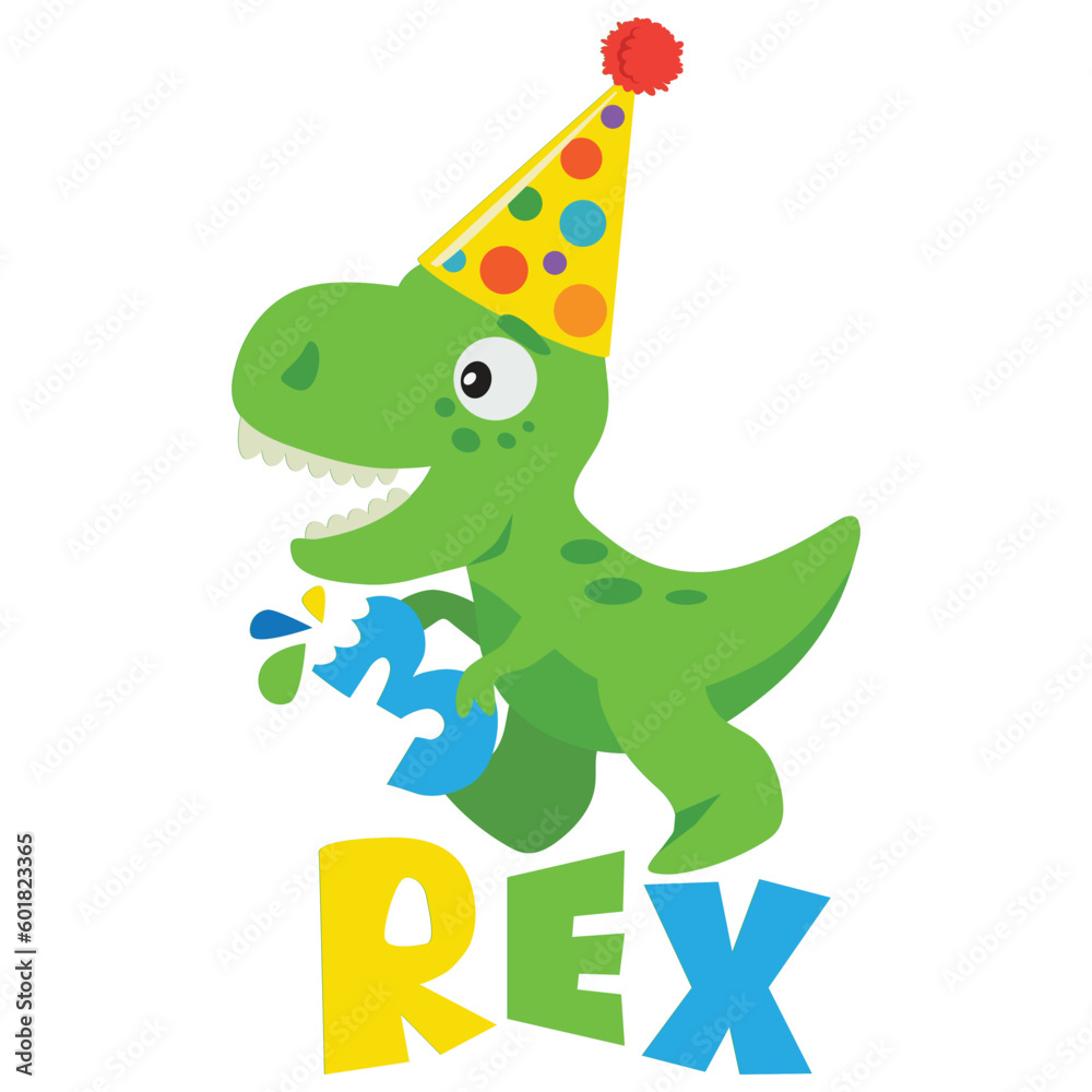 Cute little birthday three Rex tyrannosaur vector cartoon illustration ...
