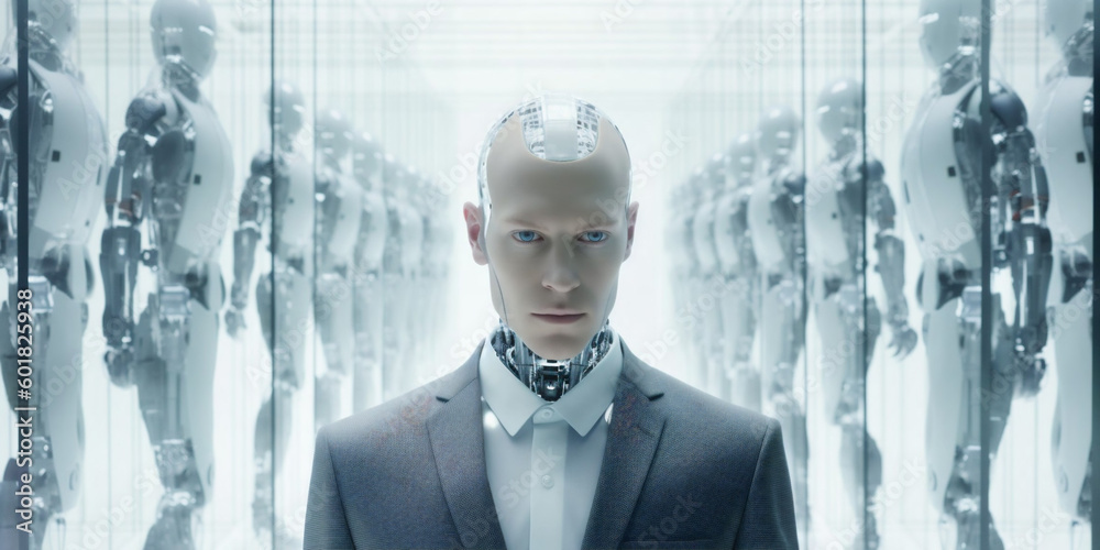 Handsome male cyber fashion robot on the futuristic techno background ...