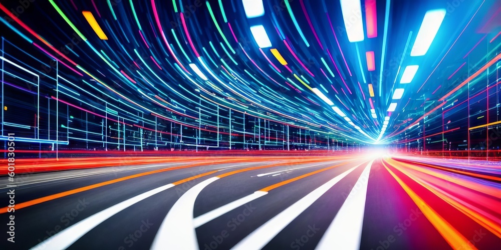 City street with binary code numbers on motion blurred asphalt road ...