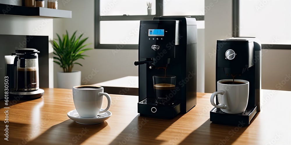 coffee machine with cup of fresh espresso coffee on wooden kitchen ...