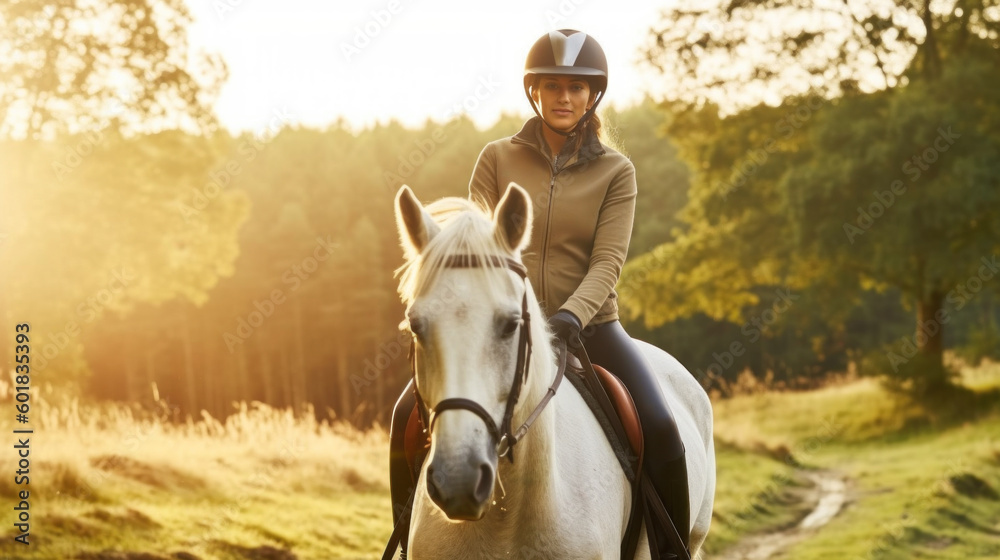 jeune cavalière sur son cheval vue de face en pleine nature à la ...
