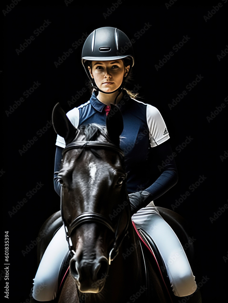 jeune cavalière vue de face sur son cheval en tenue pour concours ...