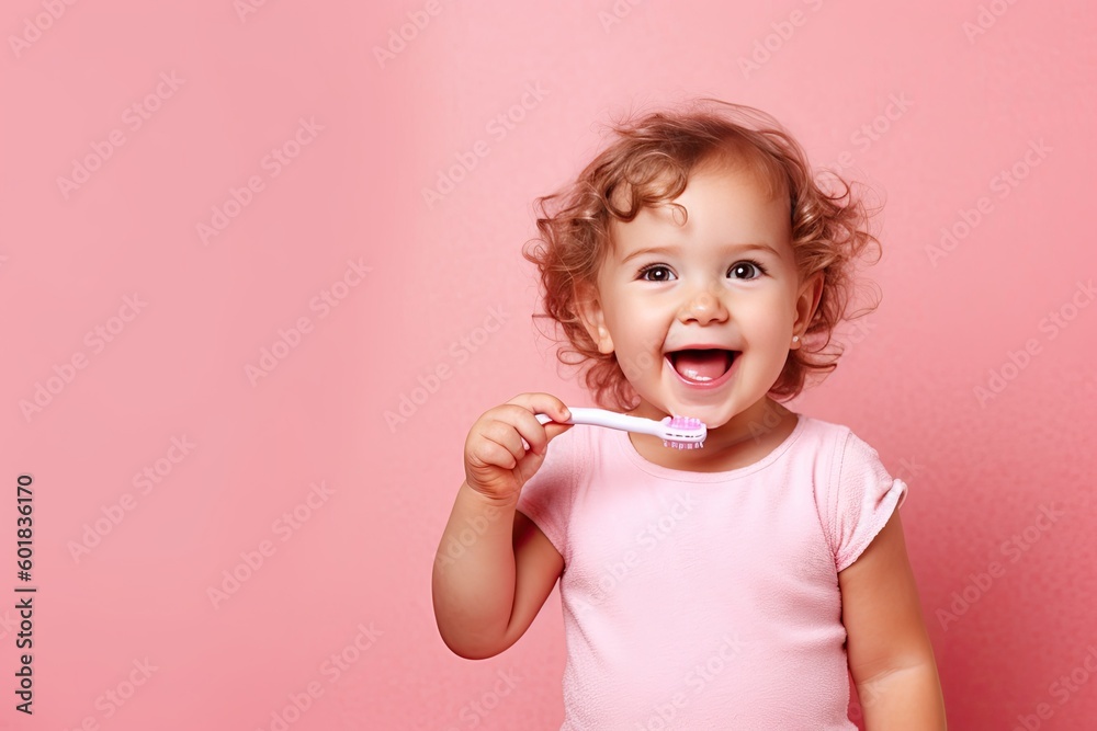 Happy smiling child kid girl brushing teeth with toothbrush on pink ...