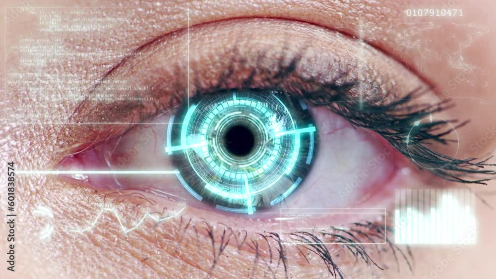 Cybersecurity, data and science with scan of eye for biometric, safety ...