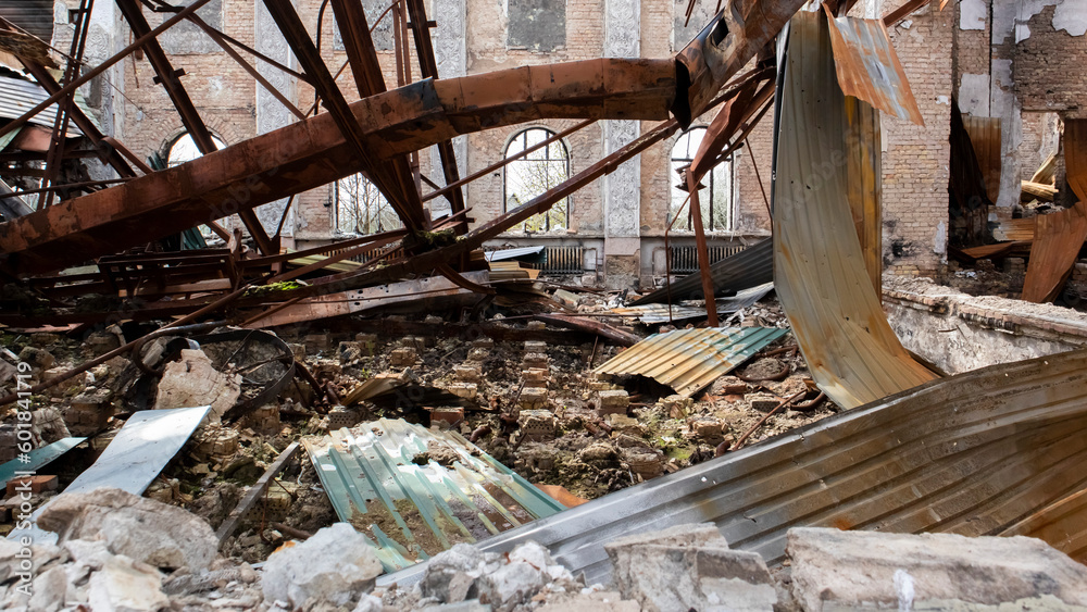 The bombed building of the house of culture in the city. War of Russia ...