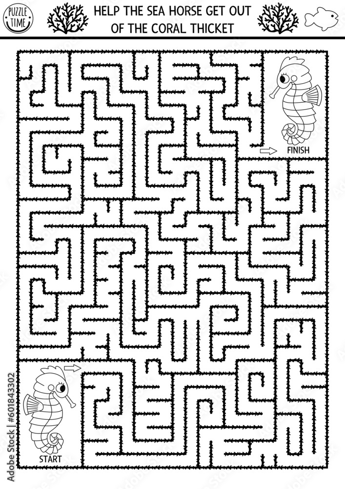 Under the sea black and white geometrical maze for kids with seahorse ...