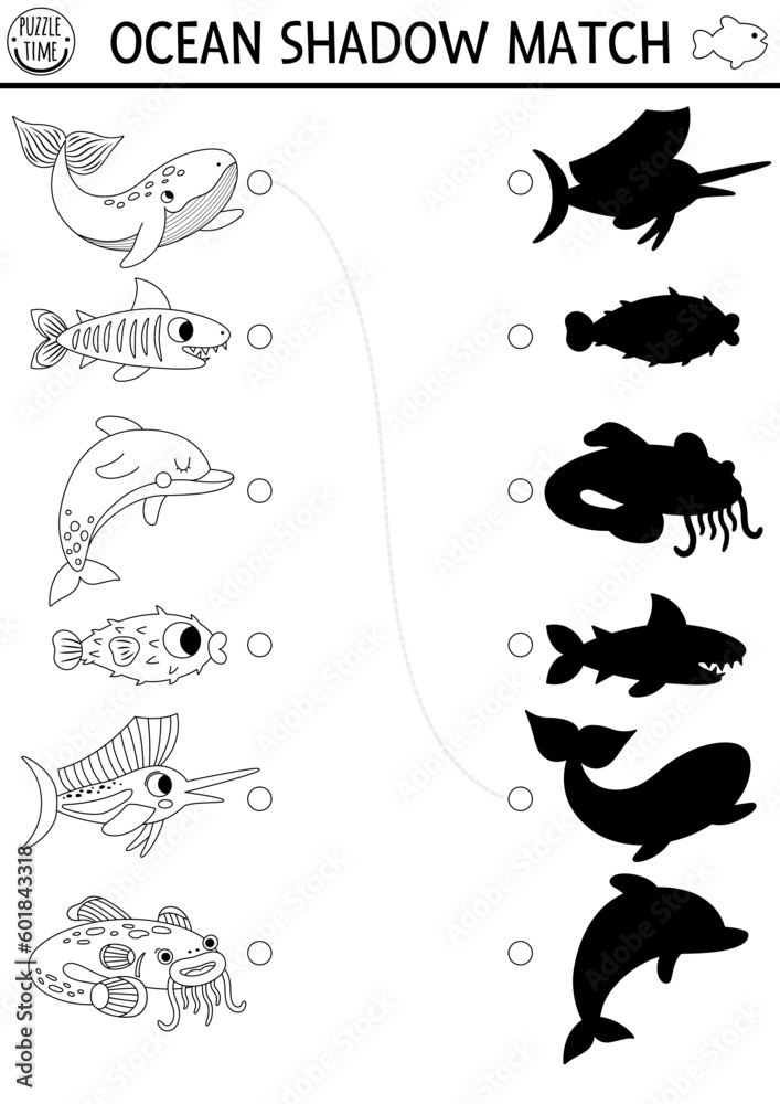 Under the sea black and white shadow matching activity with fish. Ocean ...