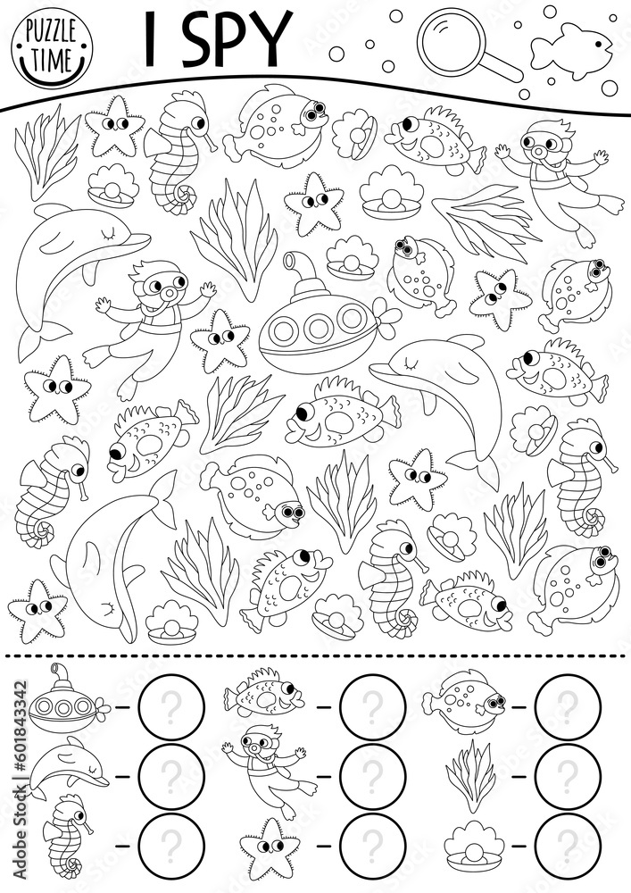 Under the sea black and white I spy game for kids. Searching and ...