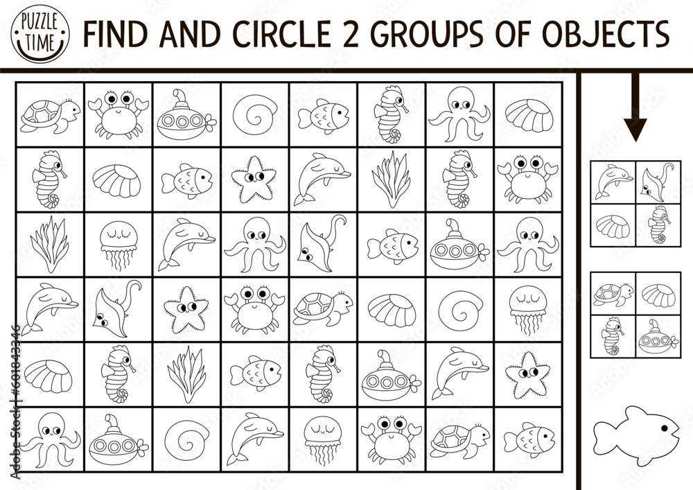 Poster Under the sea black and white seek and find game with ...