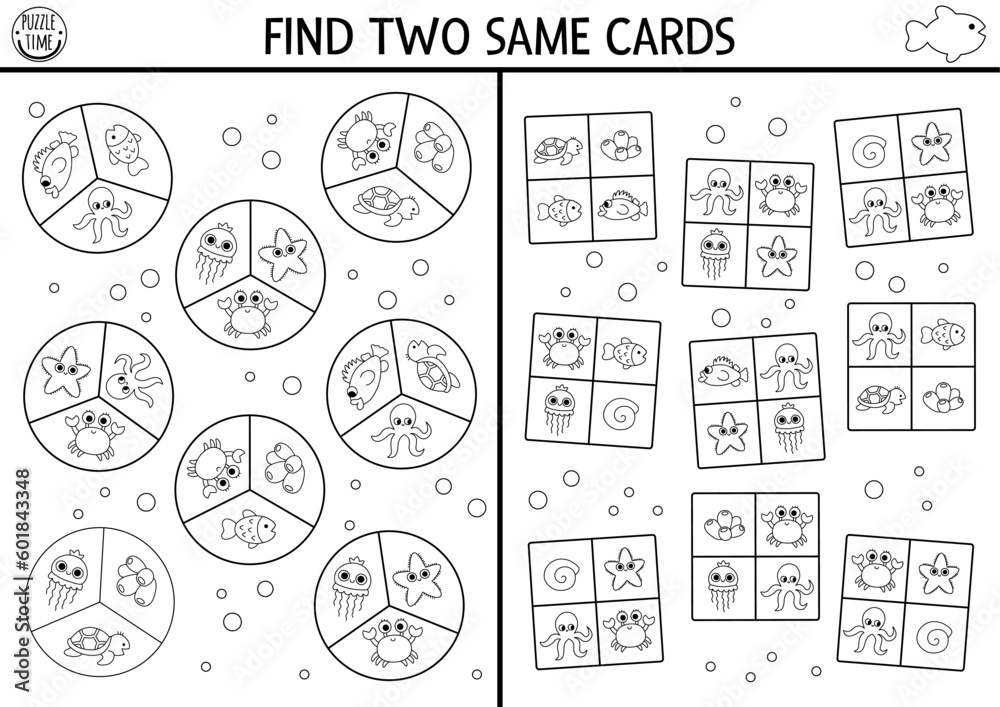 Find two same cards with water animals. Under the sea black and white ...
