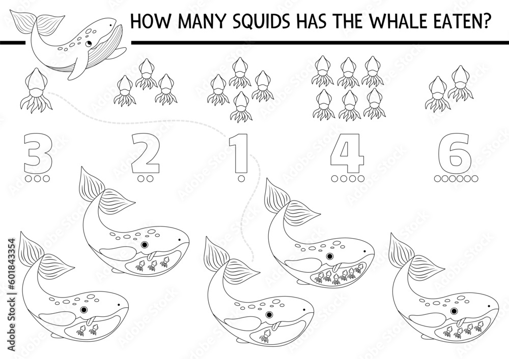 Match the numbers under the sea black and white game with whale eating ...
