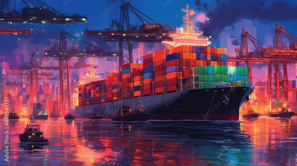 Cargo ships and huge vessels dock at the seaport, where containers are ...