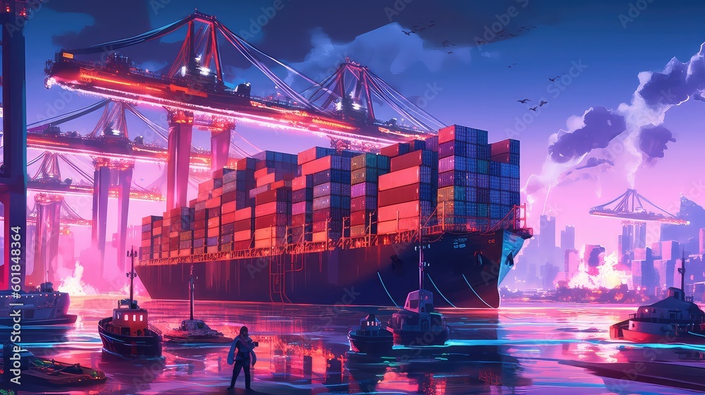 The bustling seaport buzzes with activity as large cargo ships and huge ...