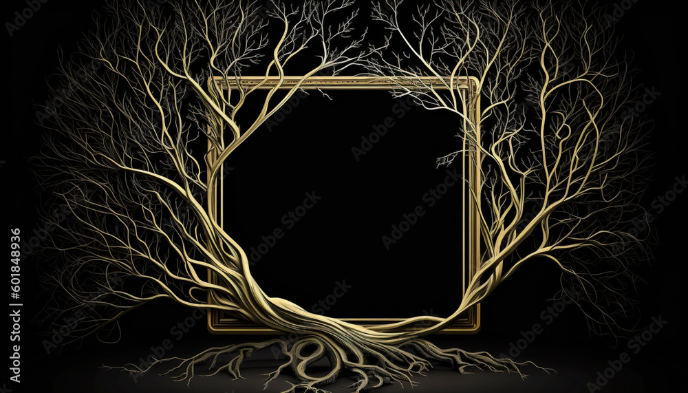 Branches of tree roots frame an empty frame, black background ...