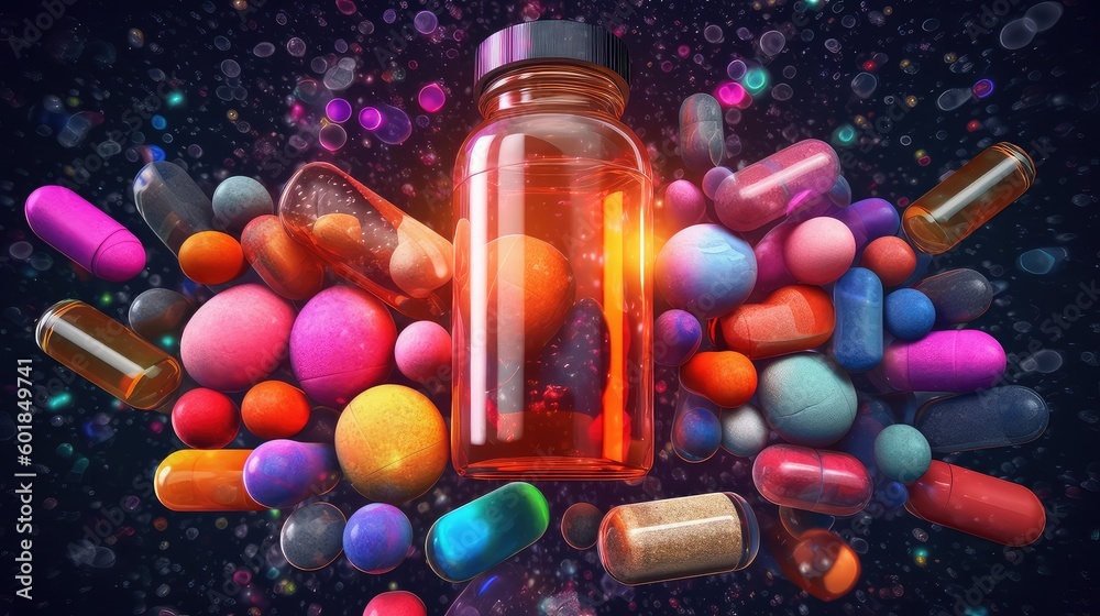 Empty bottle of multi-vitamin supplements and capsules Chewable gummies ...