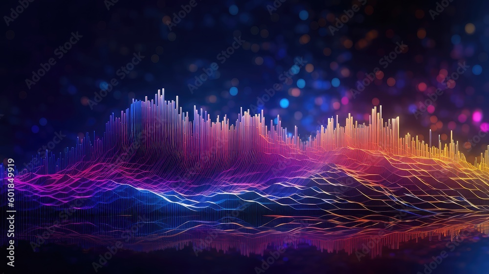 Neon sound wavel with vertical lines and particles falling from top ...