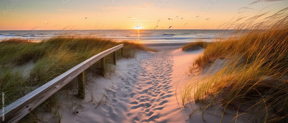 Path on the sand going to the ocean in the Beach at sunrise or sunset ...