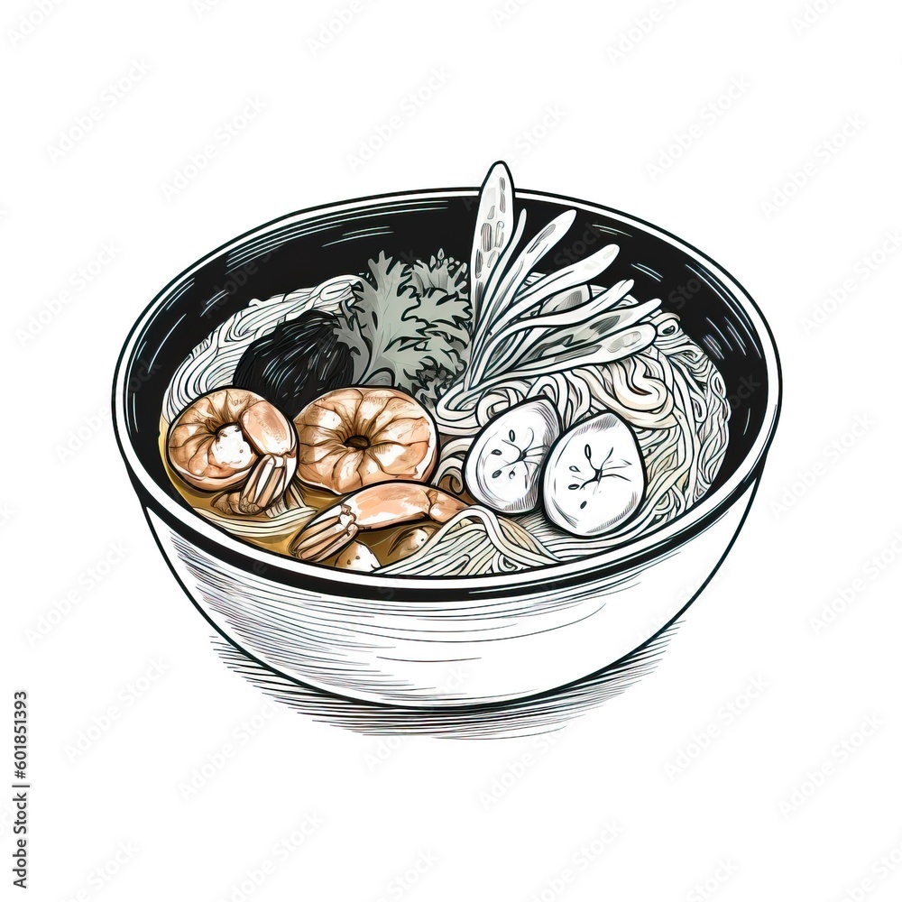 Illustration of a bowl of curry laksa, hand drawn in black and white ...