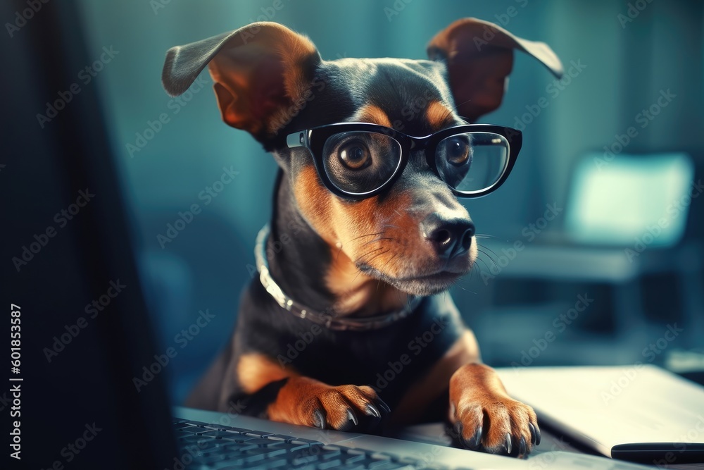 Cute dog works in the office at the computer. Concentration and ...