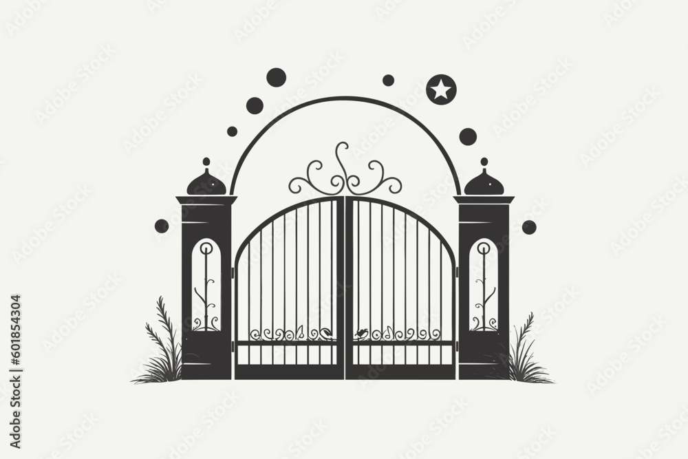 Doodle inspired Wrought iron gate, cartoon sticker, sketch, vector ...
