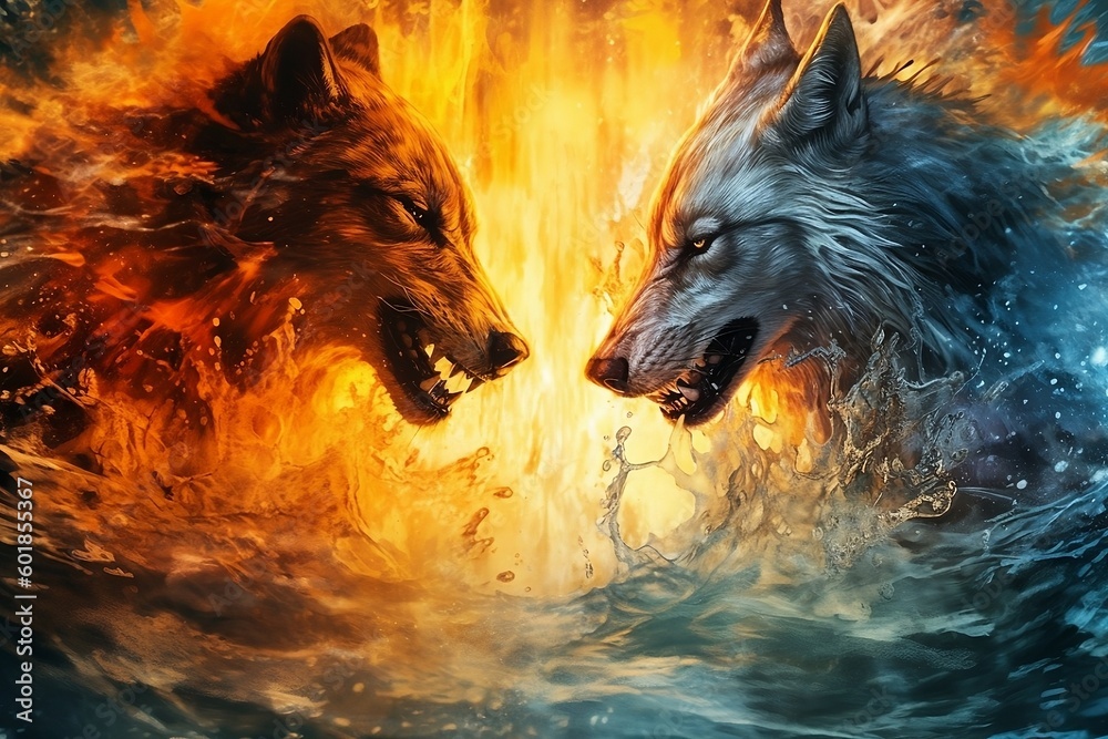 Generative AI illustration of two wolves, fire and water contrast ...