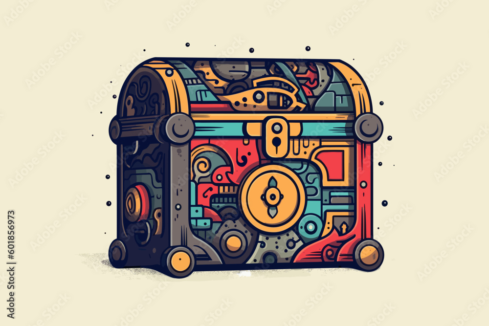 Doodle inspired Chest, cartoon sticker, sketch, vector, Illustration ...