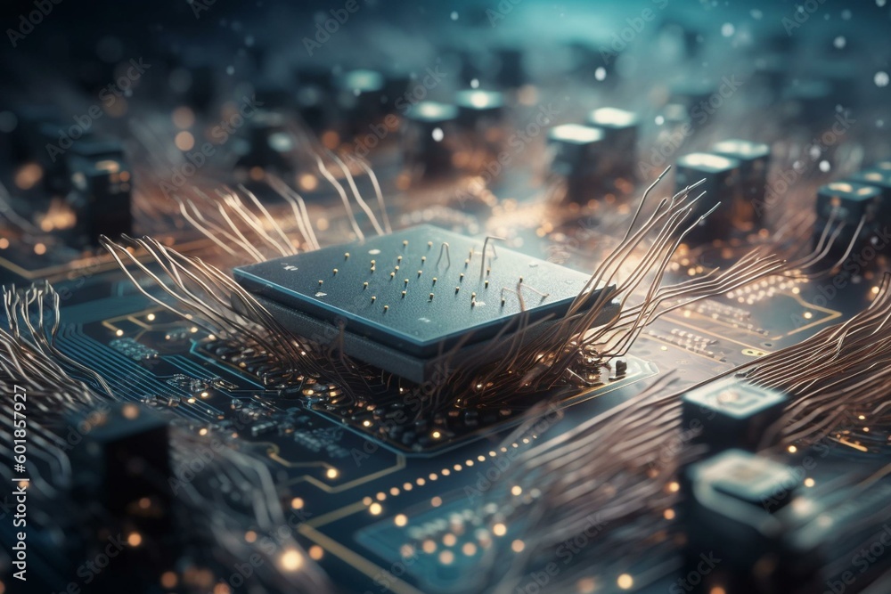 Illustration of a quantum processor and neural network with nodes and ...