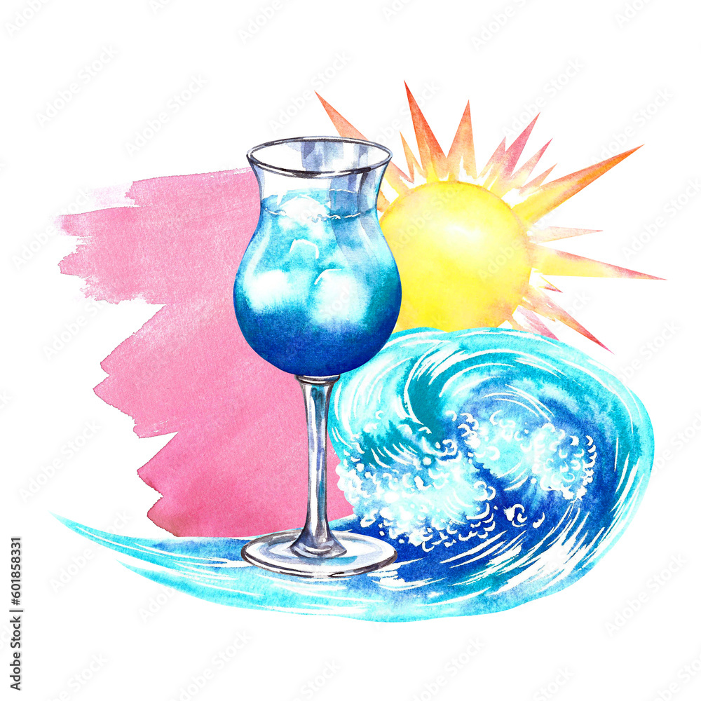 Blue Lagoon Cocktail. Composition depicting a blue drink, a sea wave ...
