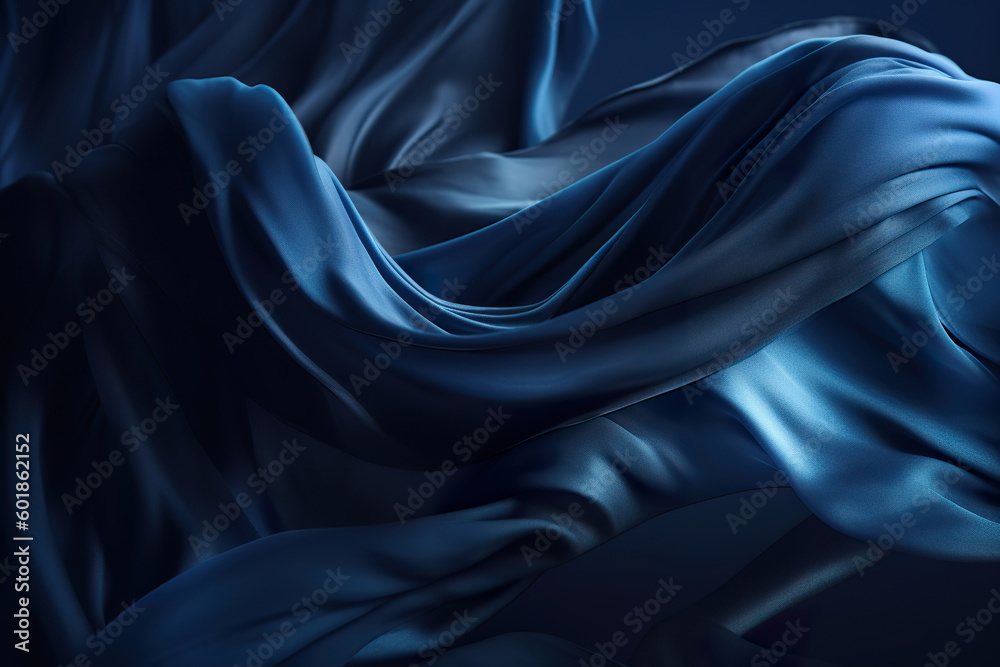 Blue luxury fabric background. A dark blue silk fabric that is draped in a diagonal pattern ...