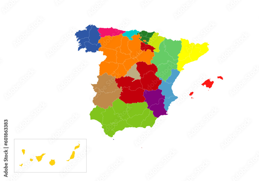 Mapa de las provincias de España en diferentes colores. Territorio ...