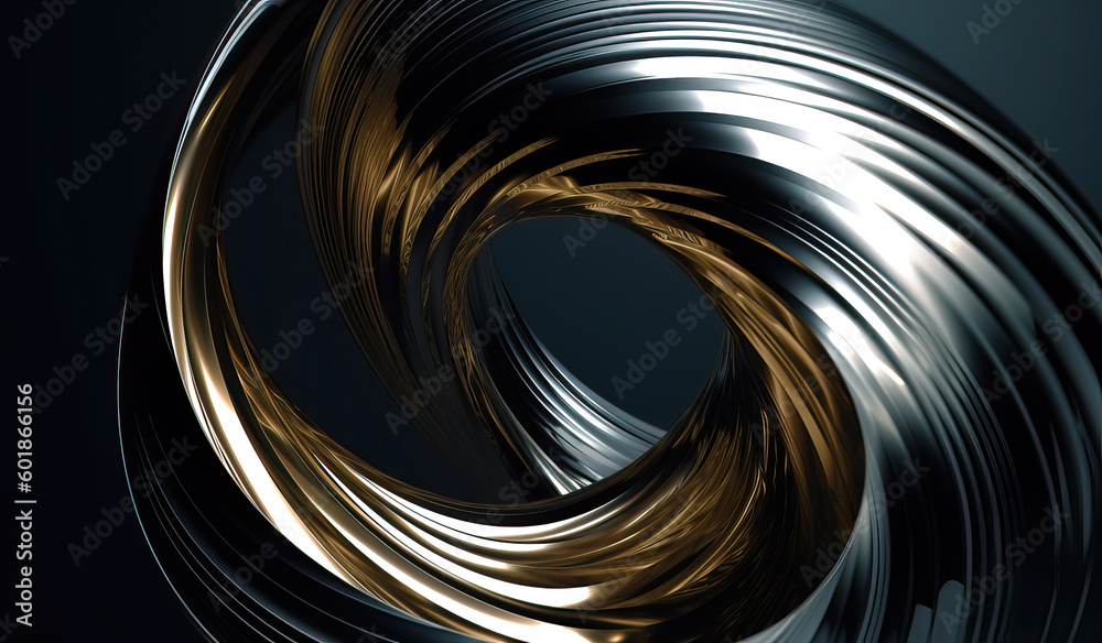 Abstract futuristic metal aluminum spiral twisted object on black ...